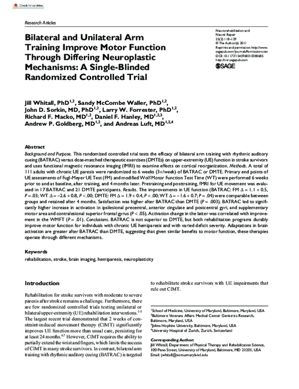 (PDF) Bilateral and Unilateral Arm Training Improve Motor Function ...
