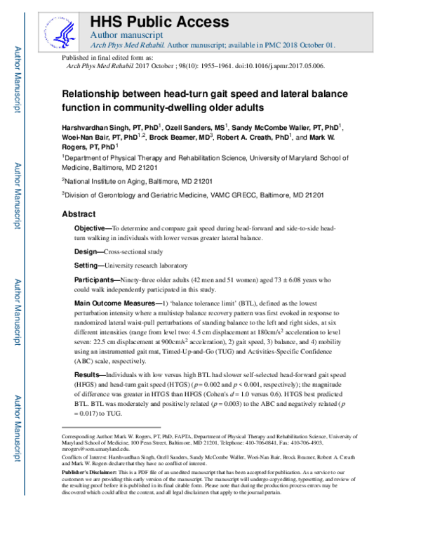 (PDF) Relationship between head-turn gait speed and lateral balance function in community ...