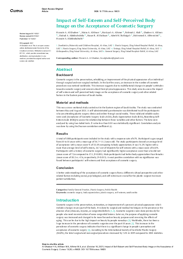 Pdf Impact Of Self Esteem And Self Perceived Body Image On The Acceptance Of Cosmetic Surgery