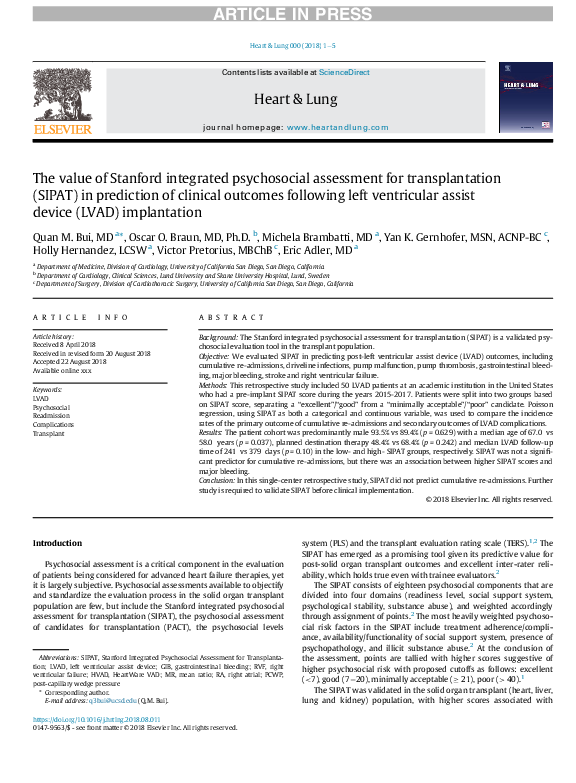 (PDF) The value of Stanford integrated psychosocial assessment for transplantation (SIPAT) in ...