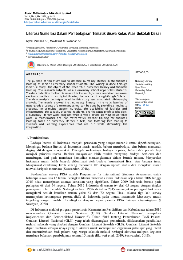 Pdf Literasi Numerasi Dalam Pembelajaran Tematik Siswa Kelas Atas