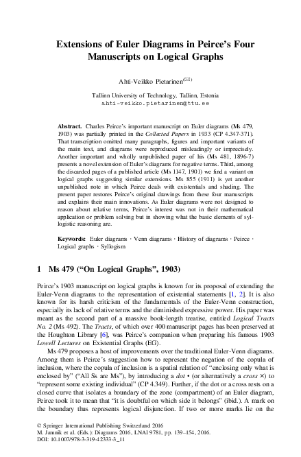(PDF) Extensions of Euler Diagrams in Peirce's Four Manuscripts on Logical Graphs