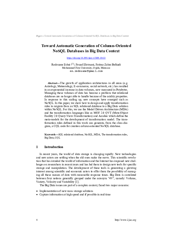 Pdf Toward Automatic Generation Of Column Oriented Nosql Databases In Big Data Context