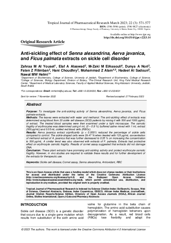 (PDF) Anti sickling effect of Senna alexandrina, Aerva javanica , and Ficus palmata extracts on ...
