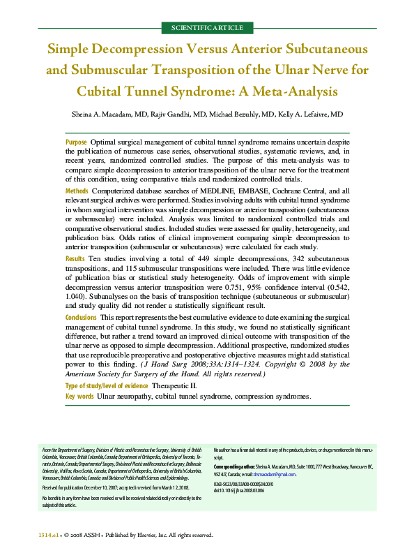 (PDF) Simple Decompression Versus Anterior Subcutaneous and Submuscular ...