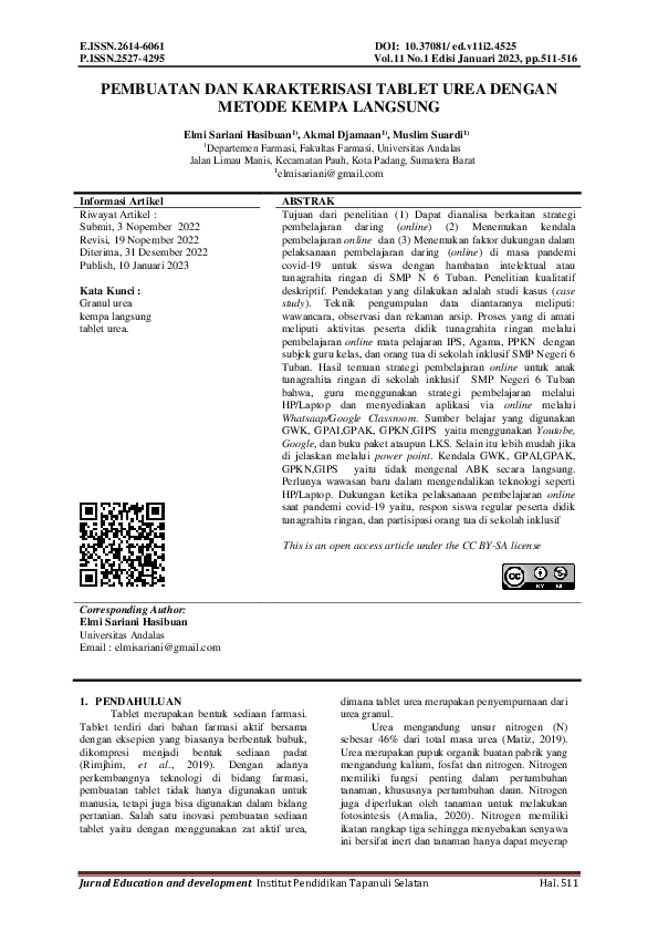 Pdf Pembuatan Dan Karakterisasi Tablet Urea Dengan Metode Kempa Langsung