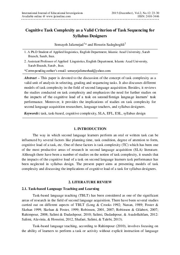 (PDF) Cognitive Task Complexity as a Valid Criterion of Task Sequencing for Syllabus Designers
