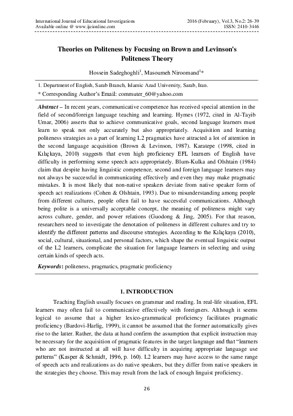 (PDF) Theories on Politeness by Focusing on Brown and Levinson's ...