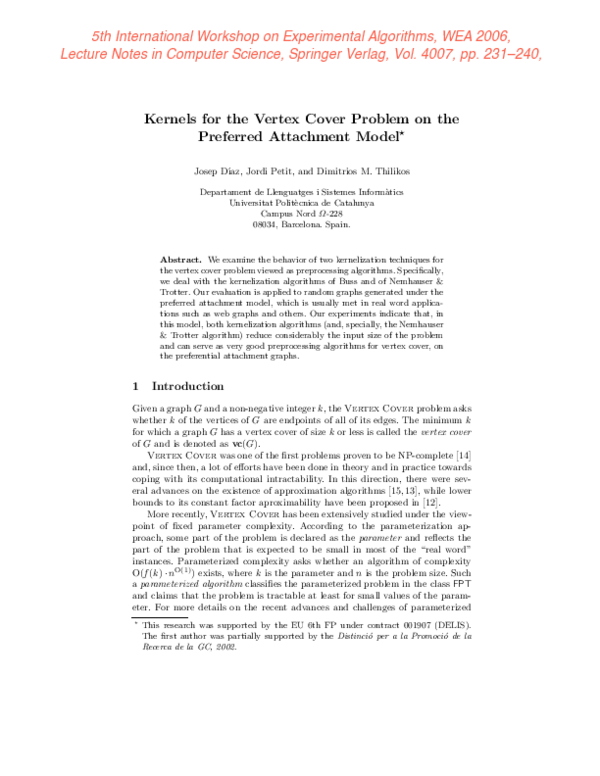 (PDF) Kernels for the Vertex Cover Problem on the Preferred Attachment Model