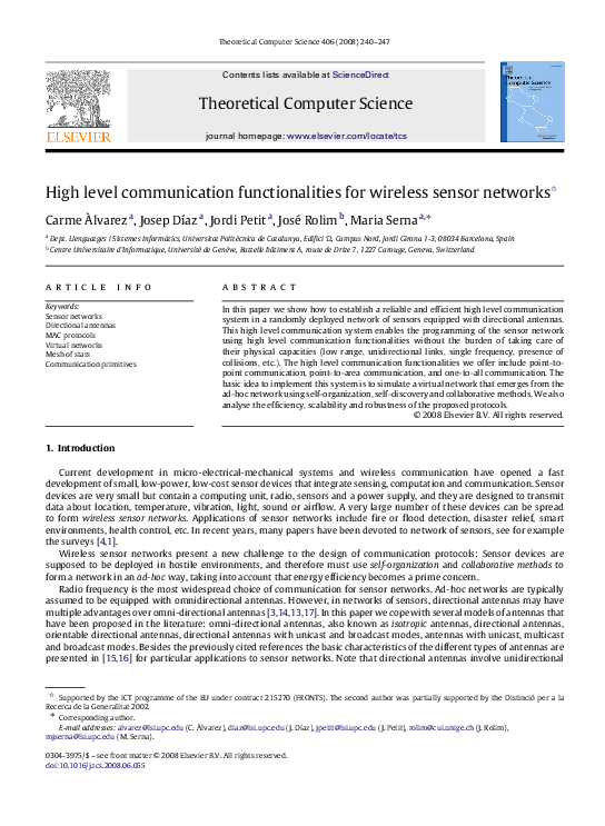(PDF) High level communication functionalities for wireless sensor networks