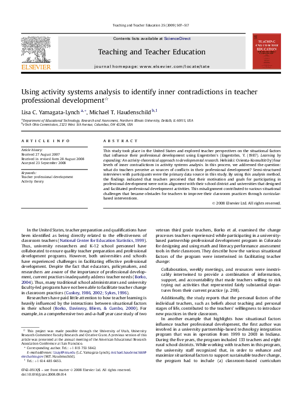 (PDF) Using activity systems analysis to identify inner contradictions in teacher professional ...
