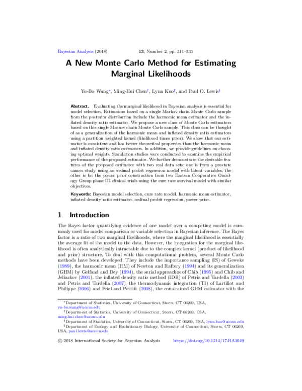 Pdf A New Monte Carlo Method For Estimating Marginal Likelihoods