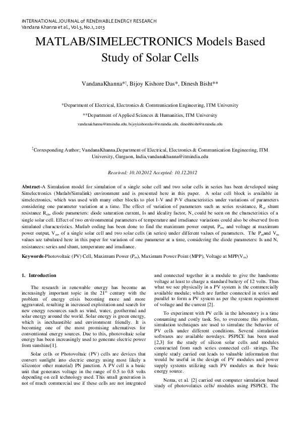 (PDF) MATLAB/SIMELECTRONICS Models Based Study of Solar Cells