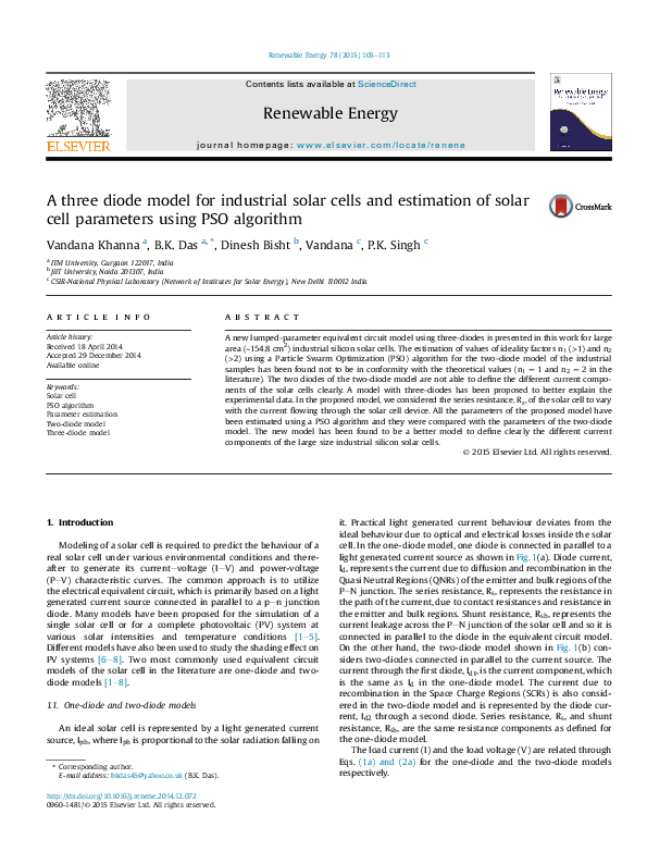 Pdf A Three Diode Model For Industrial Solar Cells And Estimation Of Solar Cell Parameters