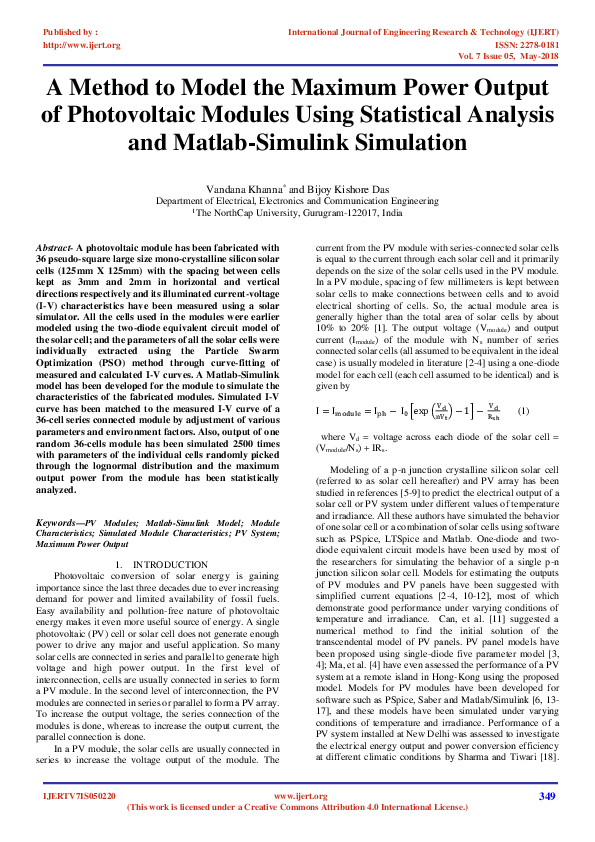 (PDF) A Method to Model the Maximum Power Output of Photovoltaic Modules Using Statistical ...