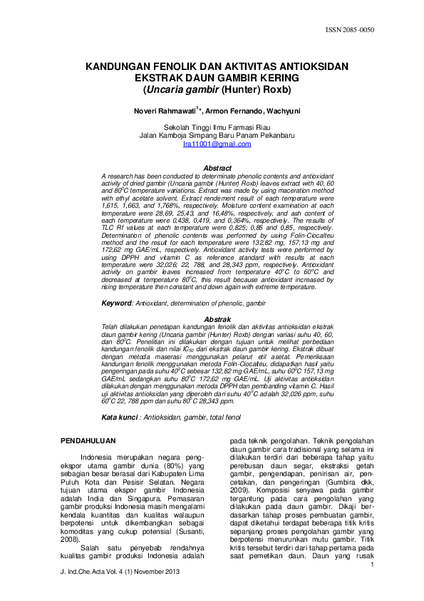 (PDF) KANDUNGAN FENOLIK DAN AKTIVITAS ANTIOKSIDAN EKSTRAK DAUN GAMBIR ...