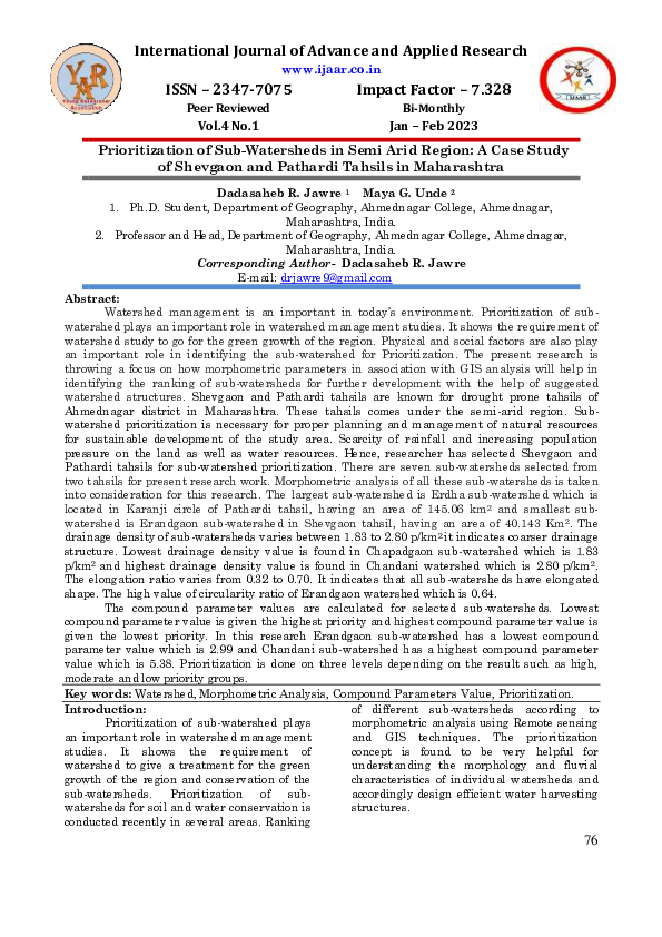 (PDF) Prioritization of Sub-Watersheds in Semi Arid Region: A Case ...
