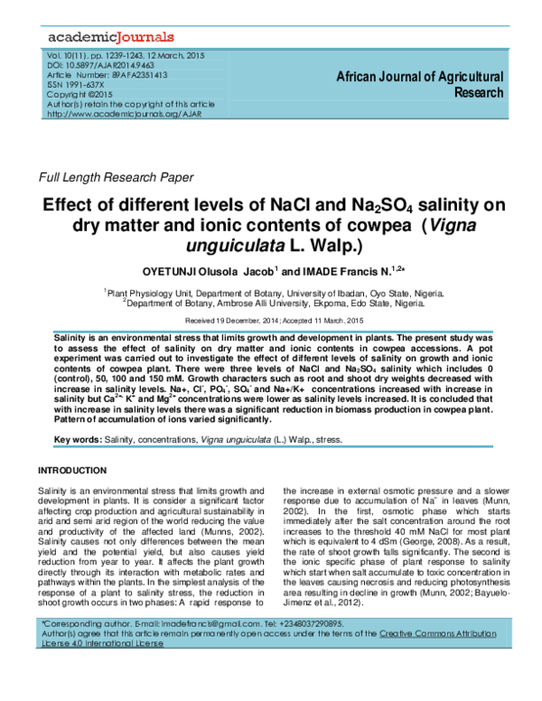 (PDF) Effect of different levels of NaCl and Na2SO4 salinity on dry matter and ionic contents of ...