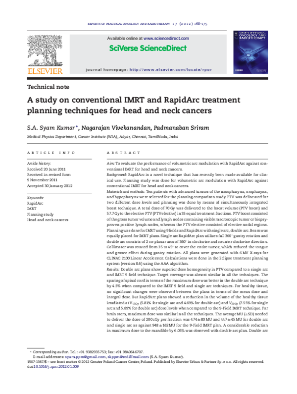 (PDF) A Study on Conventional IMRT and RapidArc Treatment Planning ...