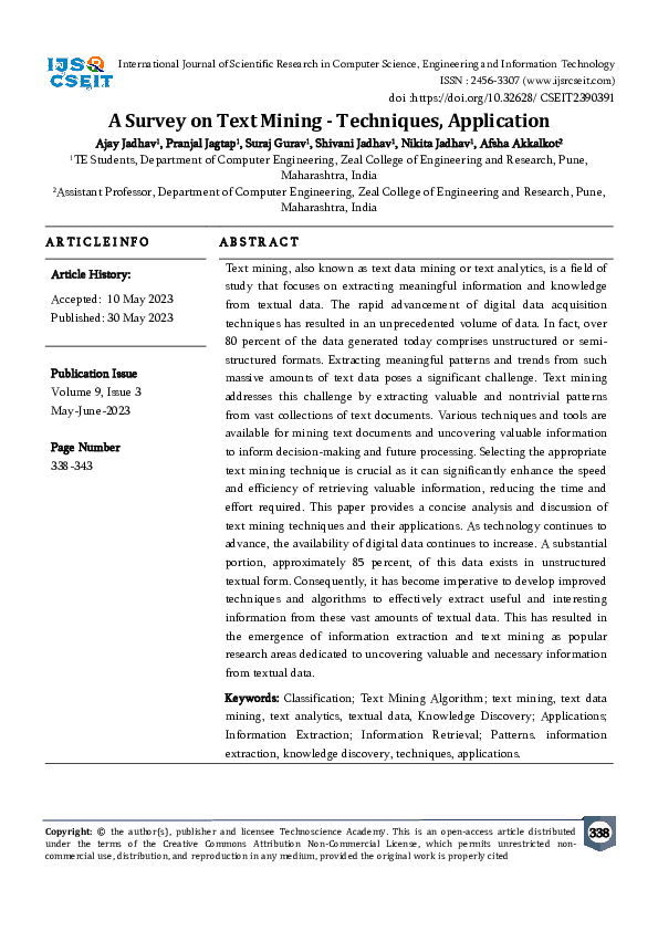 (PDF) A Survey on Text Mining - Techniques, Application