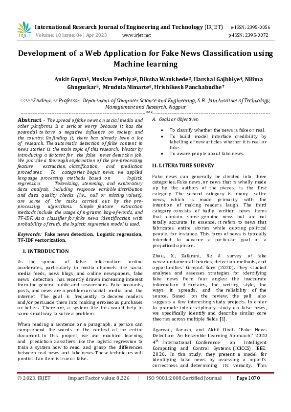 (PDF) Development of a Web Application for Fake News Classification using Machine learning