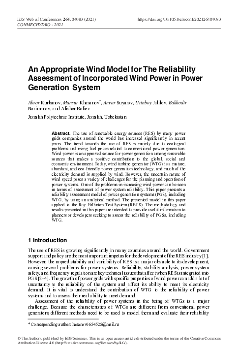 Pdf An Appropriate Wind Model For The Reliability Assessment Of Incorporated Wind Power In