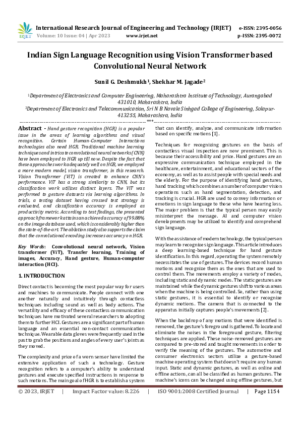 Pdf Indian Sign Language Recognition Using Vision Transformer Based