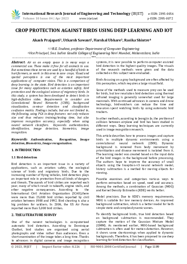 (PDF) CROP PROTECTION AGAINST BIRDS USING DEEP LEARNING AND IOT