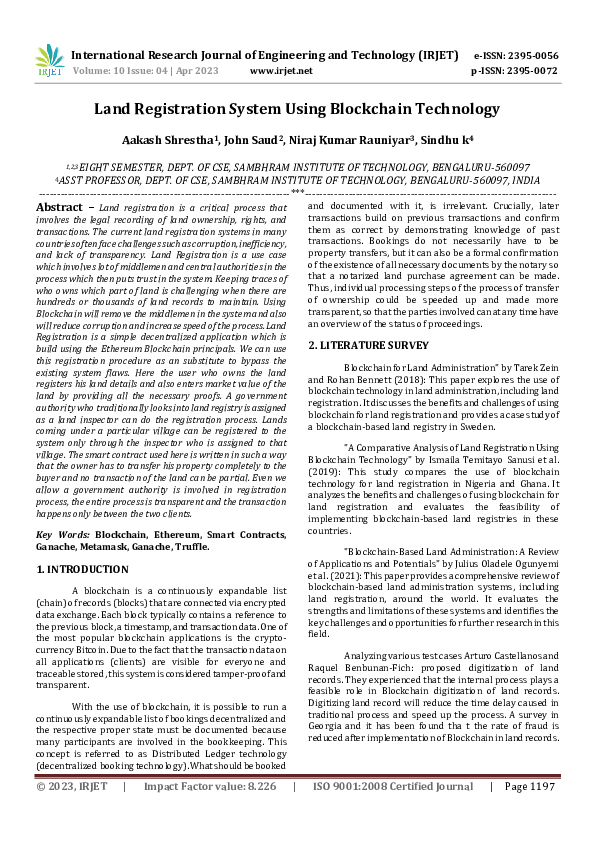 (PDF) Land Registration System Using Blockchain Technology
