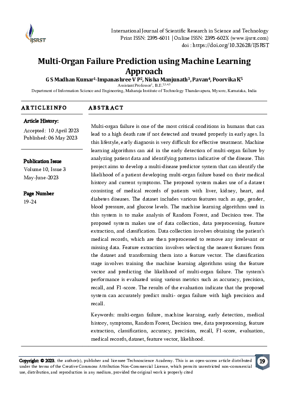 (PDF) Multi-Organ Failure Prediction using Machine Learning Approach