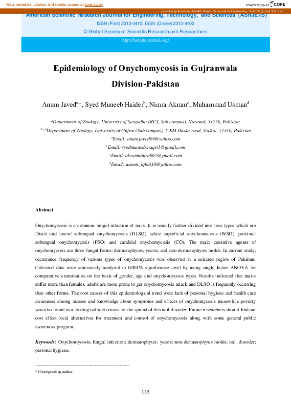 (PDF) Epidemiology of Onychomycosis in Gujranwala Division-Pakistan