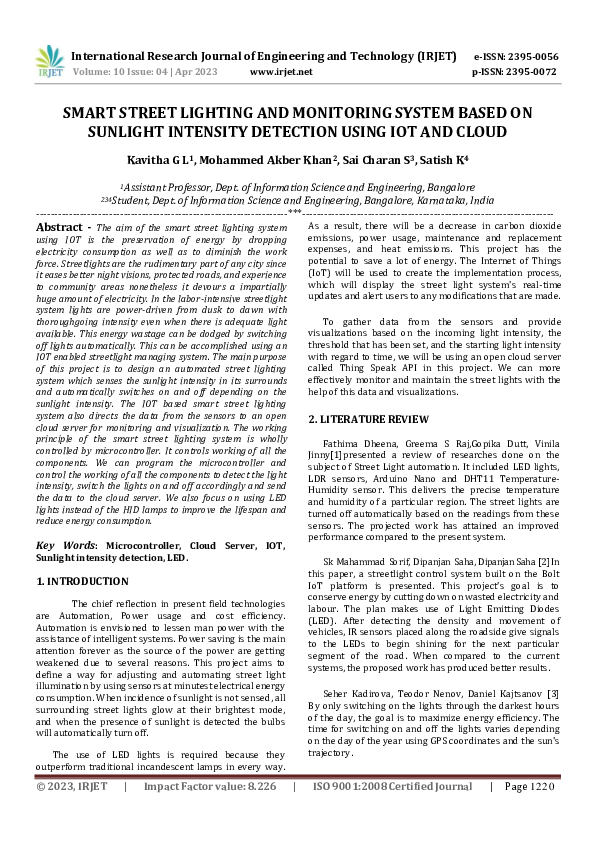 (PDF) SMART STREET LIGHTING AND MONITORING SYSTEM BASED ON SUNLIGHT ...