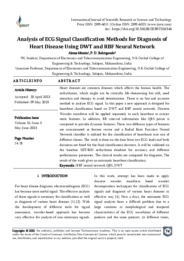 (PDF) Analysis of ECG Signal Classification Methods for Diagnosis of Heart Disease Using DWT and ...