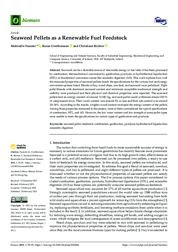 (PDF) Seaweed Pellets as a Renewable Fuel Feedstock