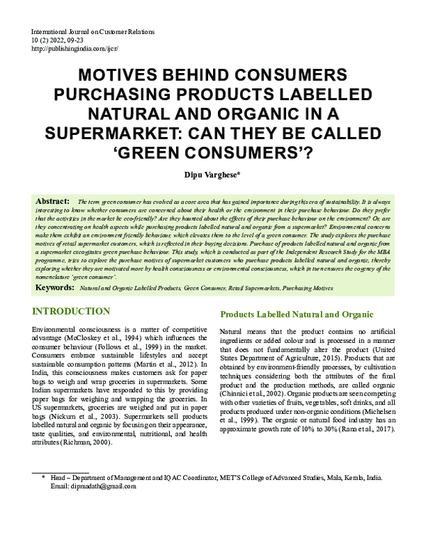(PDF) Motives Behind Consumers Purchasing Products Labelled Natural and ...