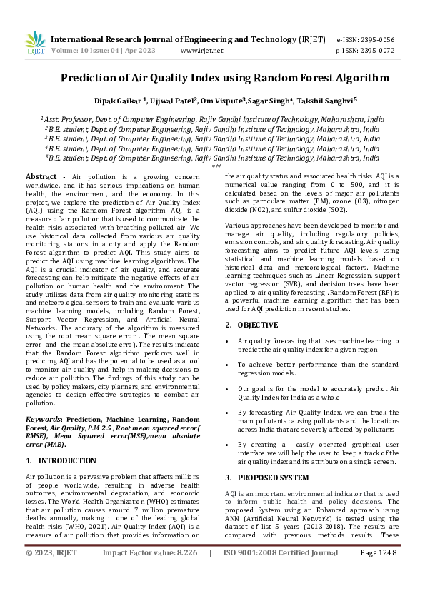 Pdf Prediction Of Air Quality Index Using Random Forest Algorithm