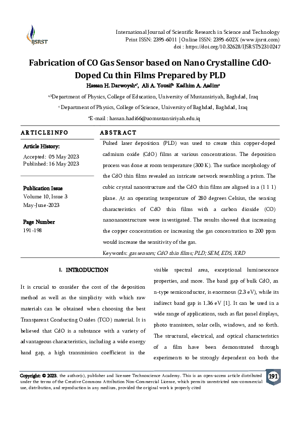 (PDF) Fabrication of CO Gas Sensor based on Nano Crystalline CdO-Doped ...