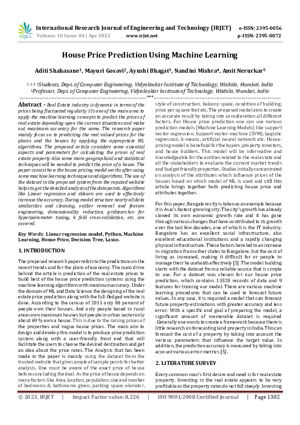 (PDF) House Price Prediction Using Machine Learning