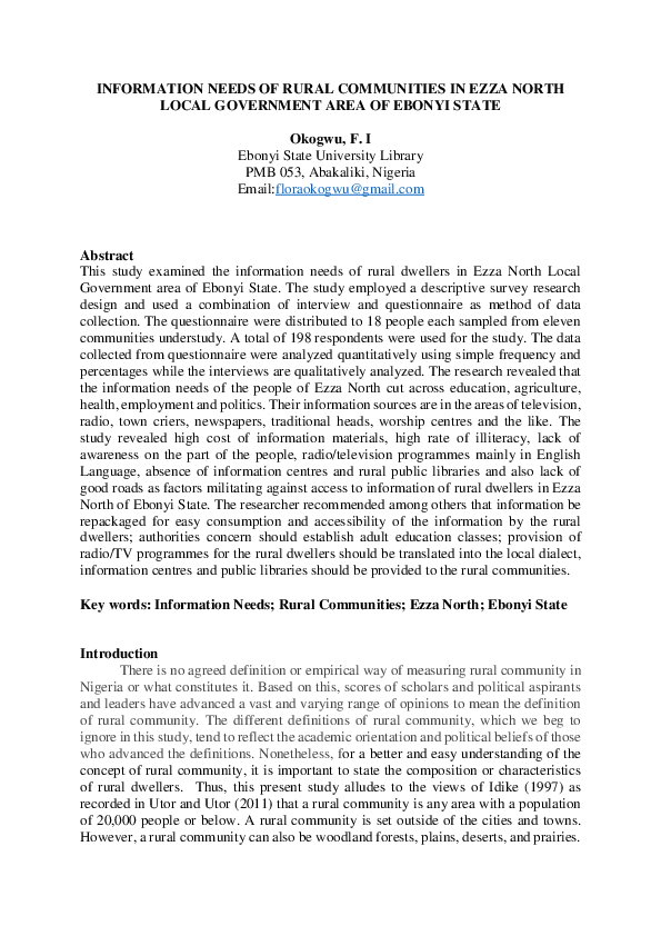 (PDF) INFORMATION NEEDS OF RURAL COMMUNITIES IN EZZA NORTH LOCAL GOVERNMENT AREA OF EBONYI STATE
