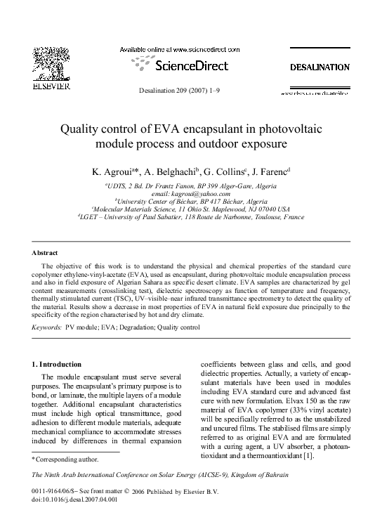 (PDF) Quality control of EVA encapsulant in photovoltaic module process and outdoor exposure