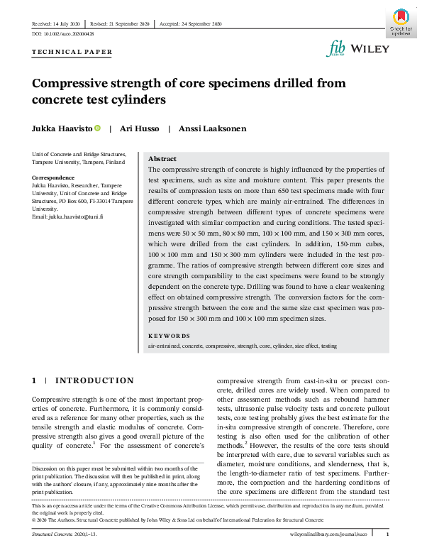 Pdf Compressive Strength Of Core Specimens Drilled From Concrete Test Cylinders