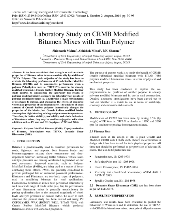 (PDF) Laboratory Study on CRMB Modified Bitumen Mixes with Titan Polymer