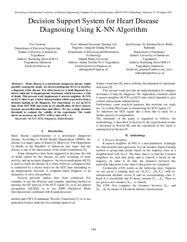 (PDF) Decision Support System for Heart Disease Diagnosing Using K-NN Algorithm