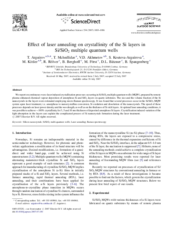 (PDF) Effect of laser annealing on crystallinity of the Si layers in Si/SiO2 multiple quantum wells