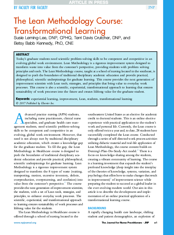 (PDF) The Lean Methodology Course: Transformational Learning | Susie ...