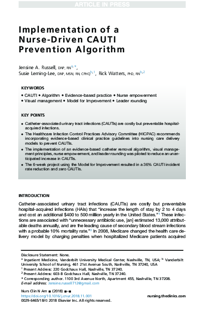 (PDF) Implementation of a Nurse-Driven CAUTI Prevention Algorithm