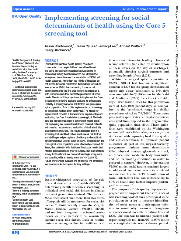 (PDF) Implementing screening for social determinants of health using ...