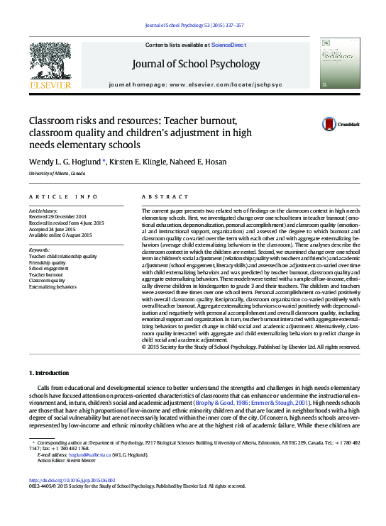 (PDF) Classroom risks and resources: Teacher burnout, classroom quality ...