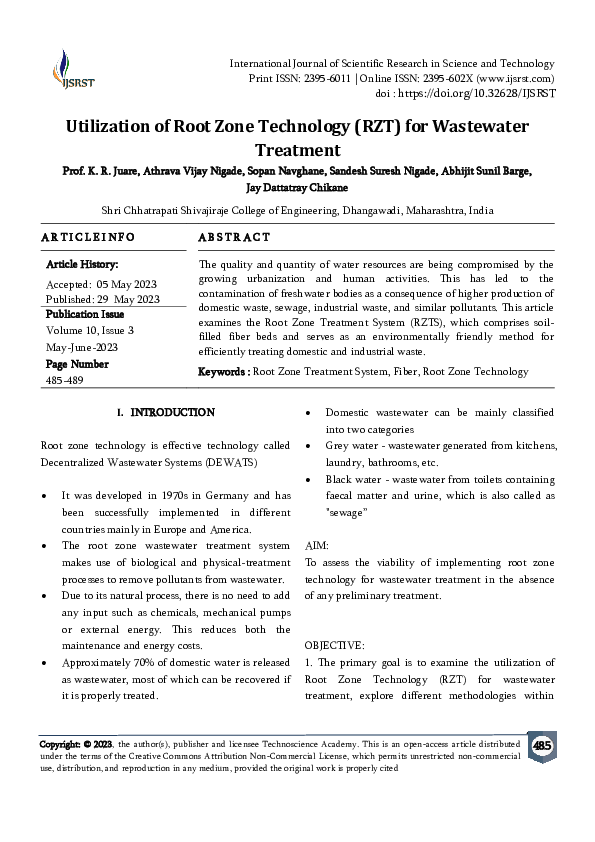 (PDF) Utilization of Root Zone Technology (RZT) for Wastewater Treatment