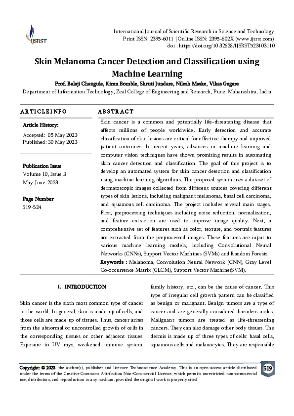 Pdf Skin Melanoma Cancer Detection And Classification Using Machine Learning